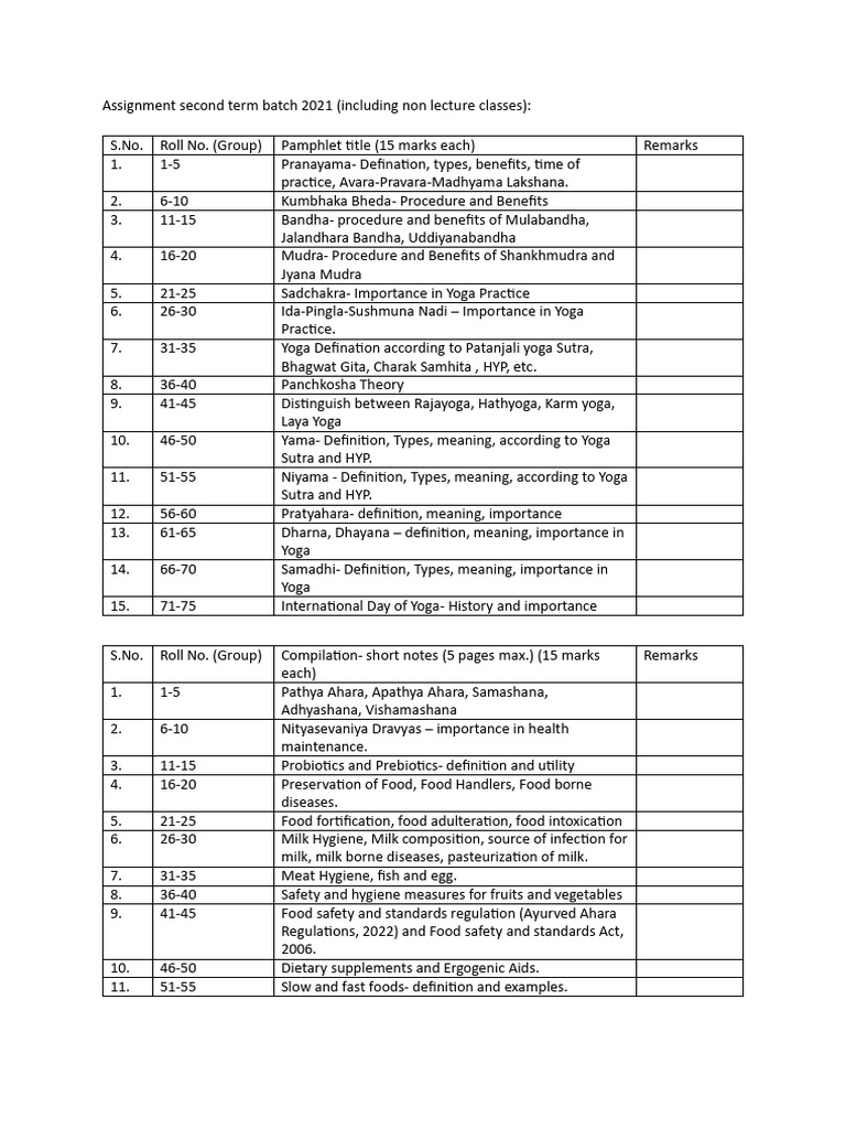 2nd Term Assignment Schedule | PDF | Yoga | Diet (Nutrition)