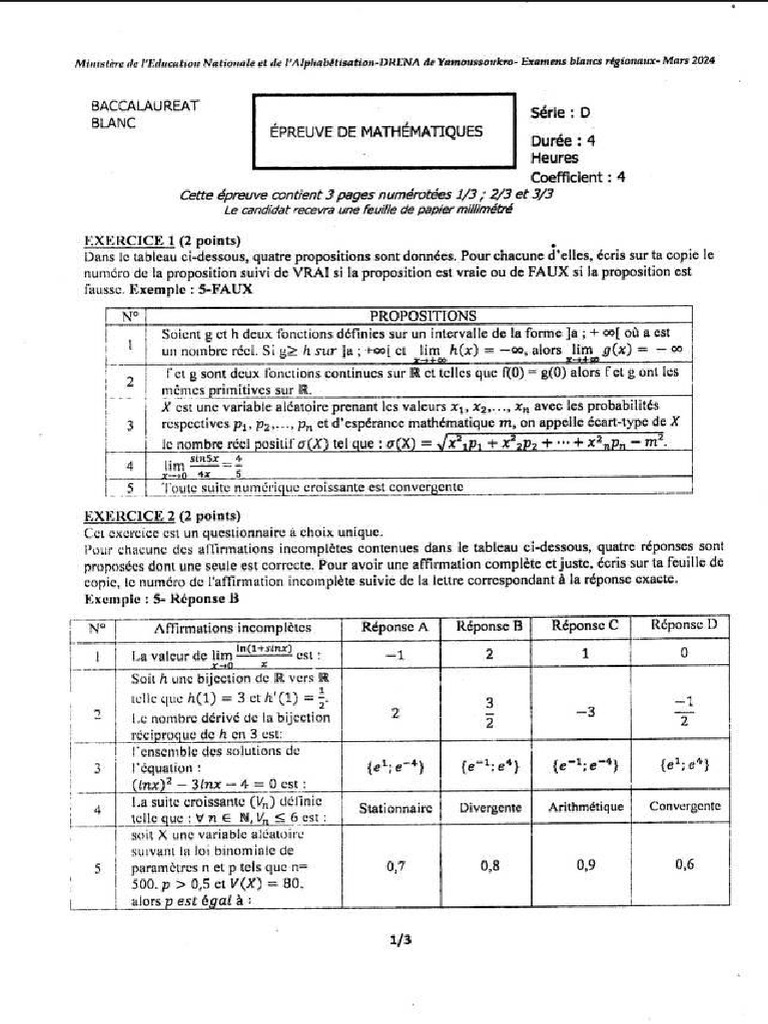 Bac Blanc 2024 Mathematiques Serie D Regional de Yamoussoukro Mars 2024 | PDF