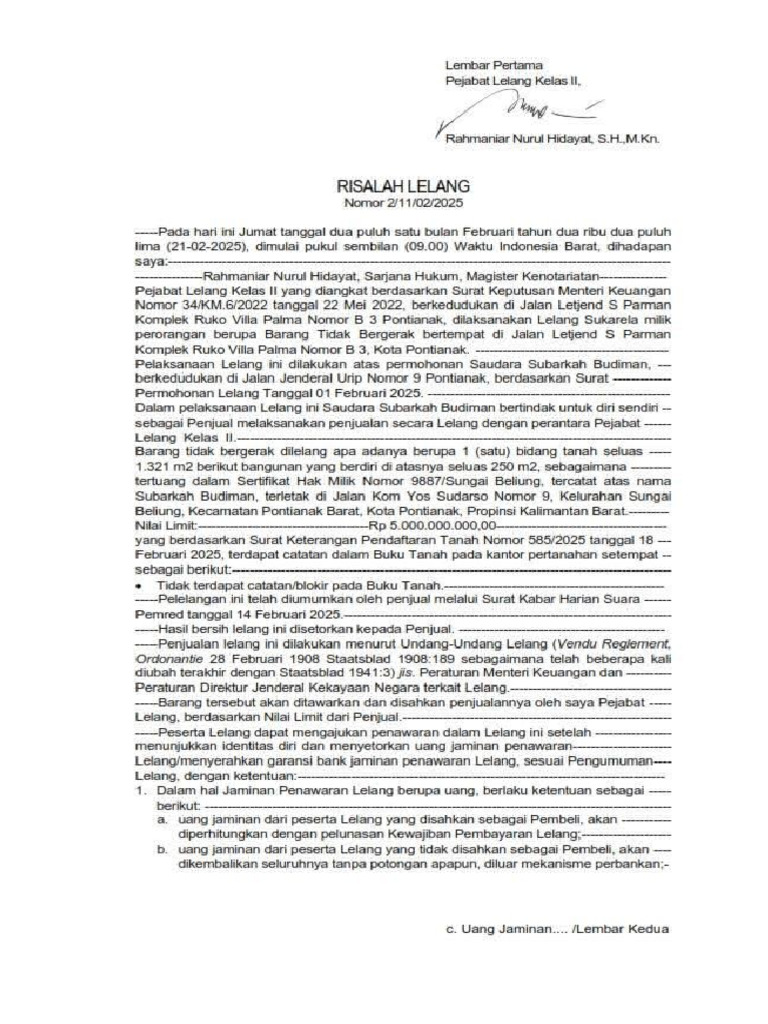 Risalah Lelang (Barang Tak Bergerak) Kelas II | PDF