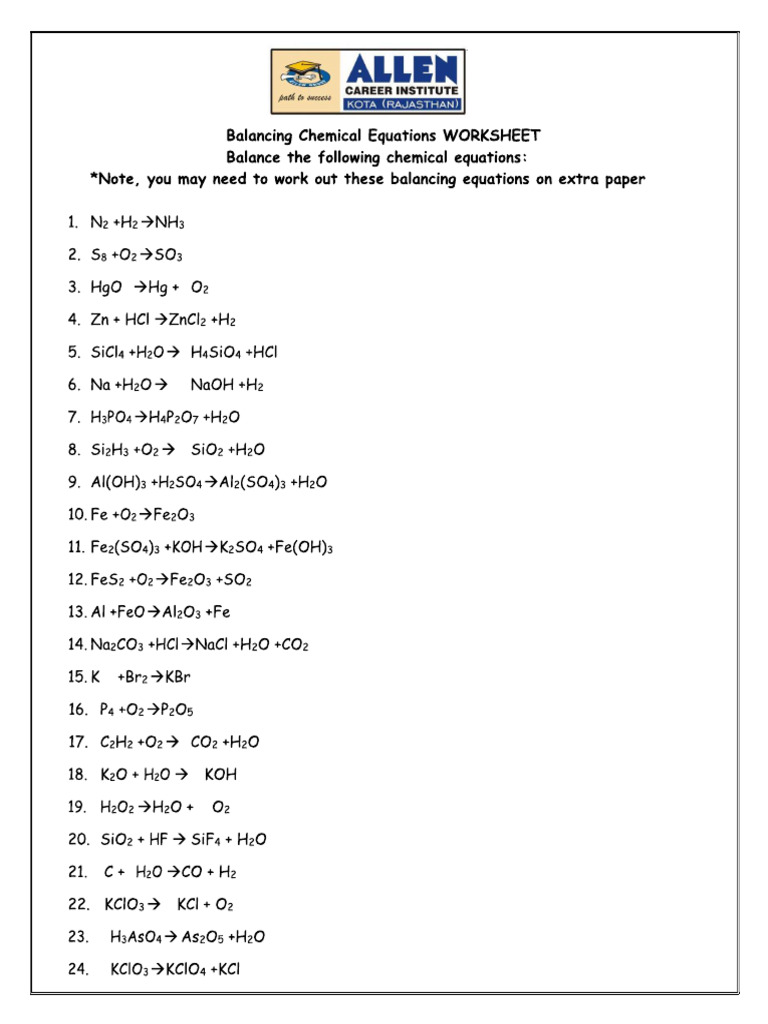 Balancing Chemical Equations Worksheet | PDF