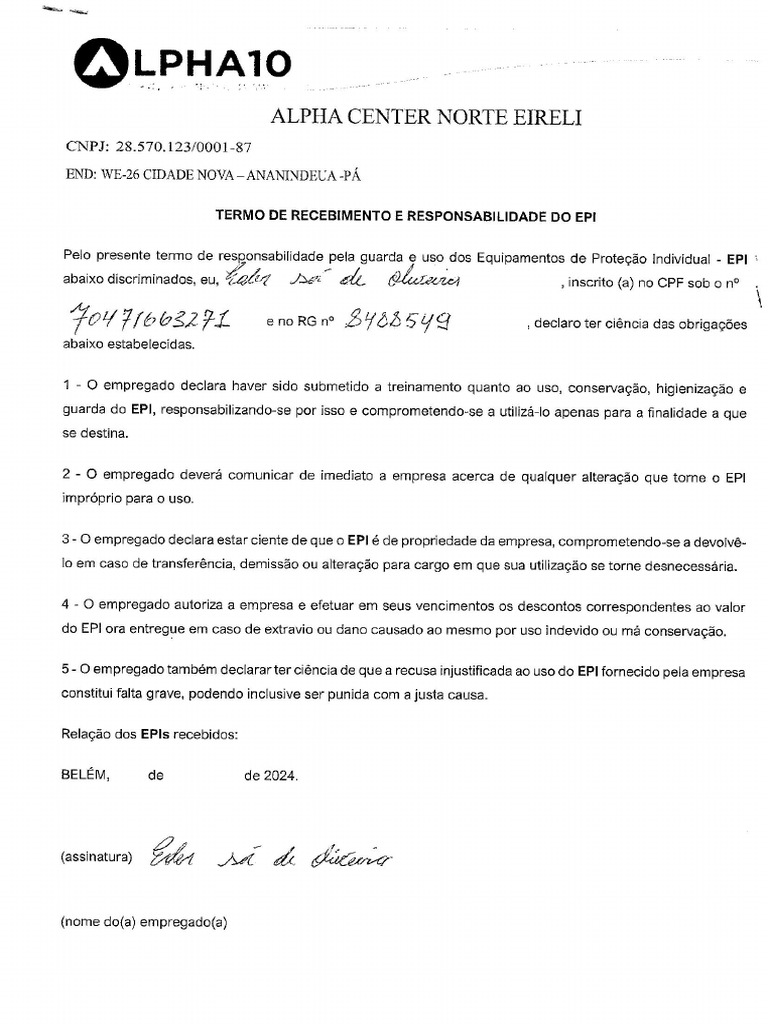 Ficha de Controle de Entrega de Epi S Frente | PDF