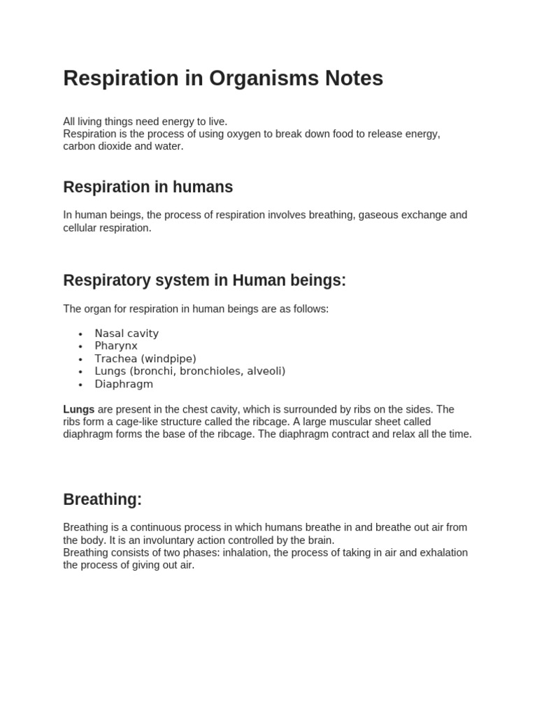 Respiration in Organisms Notes | PDF | Respiratory System | Breathing