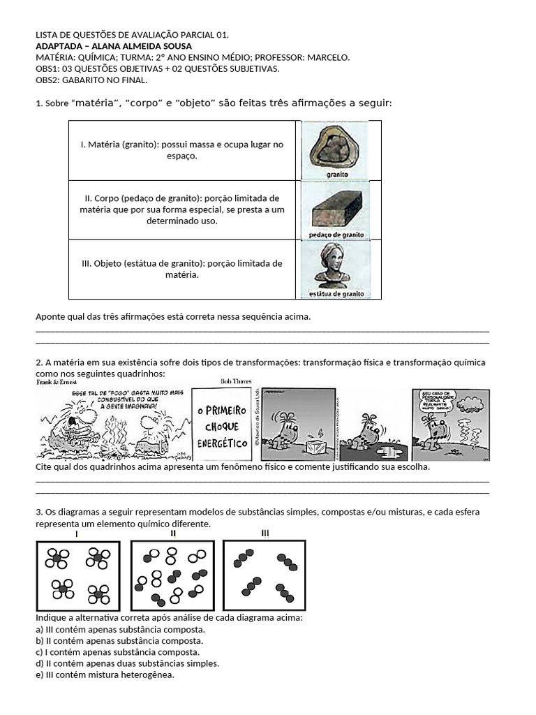 Quimica-1 Ano-Av Parcial 01 - Adaptada - Alana Almeida Sousa | PDF | Matéria | Química