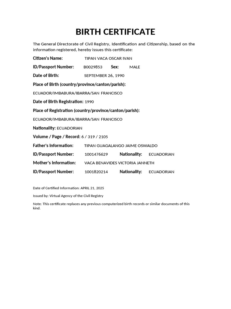Ecuador Birth Certificate for Oscar Tipan | PDF
