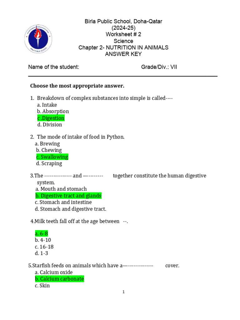 Worksheet#2 Ls 2 Nutrition in Animals | PDF | Digestion | Stomach