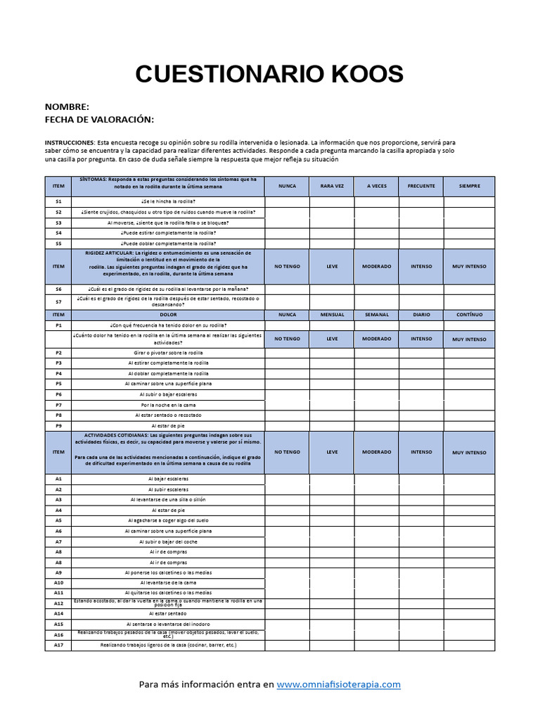 Cuestionario KOOS para Evaluación de Rodilla | PDF | Rodilla ...