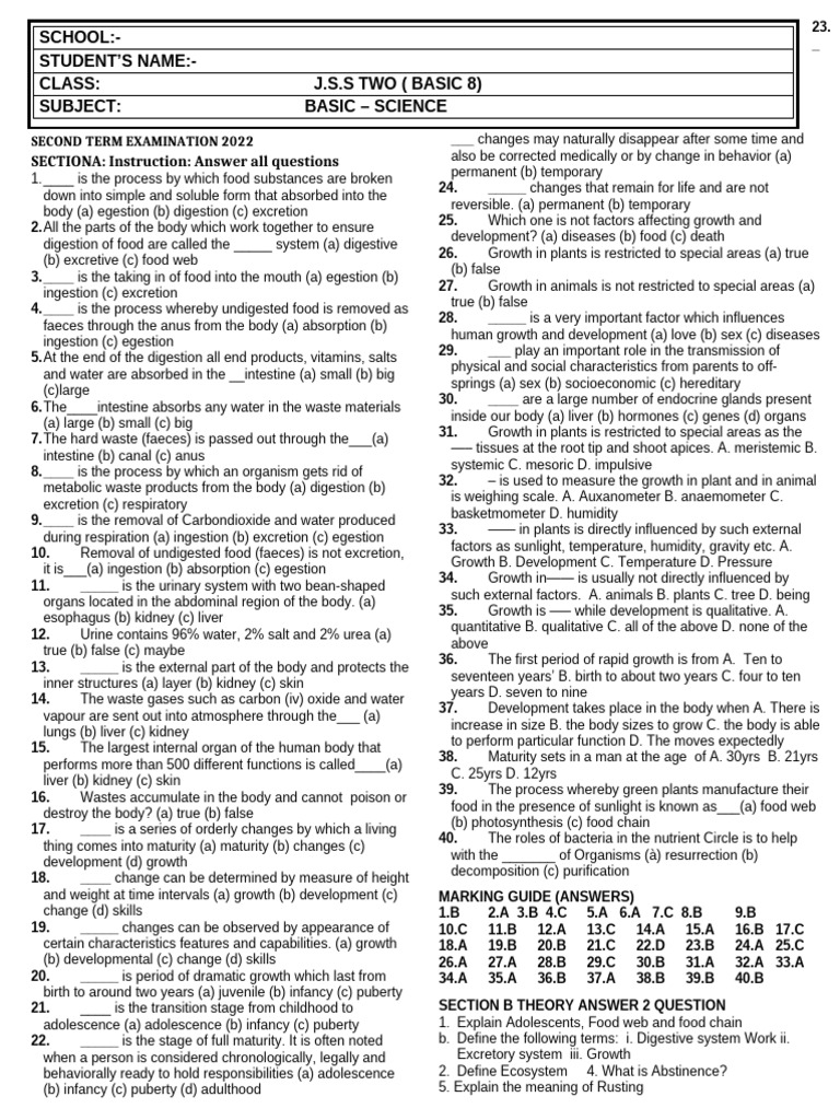 Basic Sci JSS2 2ND T-Exam | PDF | Foods | Digestion