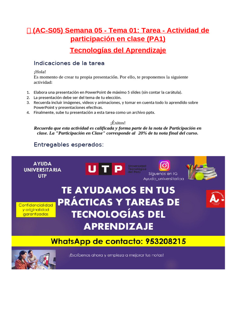 (AC-S05) Semana 05 - Tema 01 Tarea - Actividad de Participación en Clase (PA1) | PDF