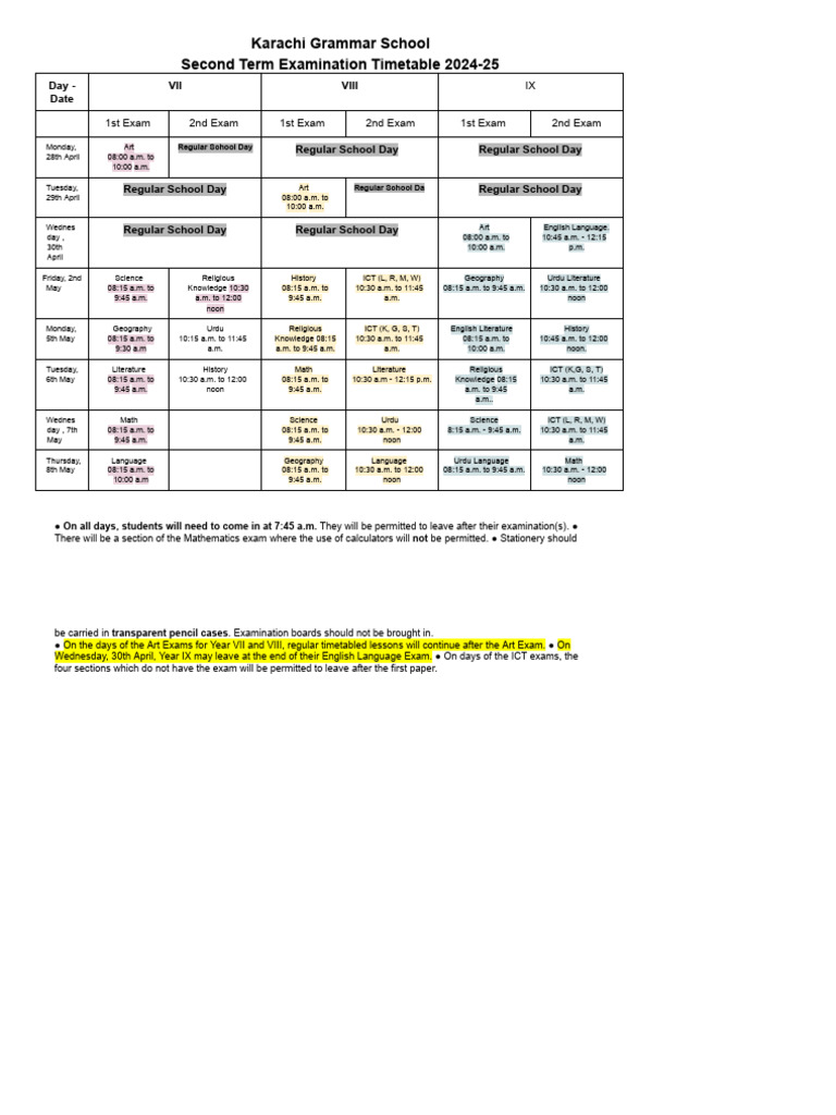 Second Term Exam Timetable 2024-25 | PDF