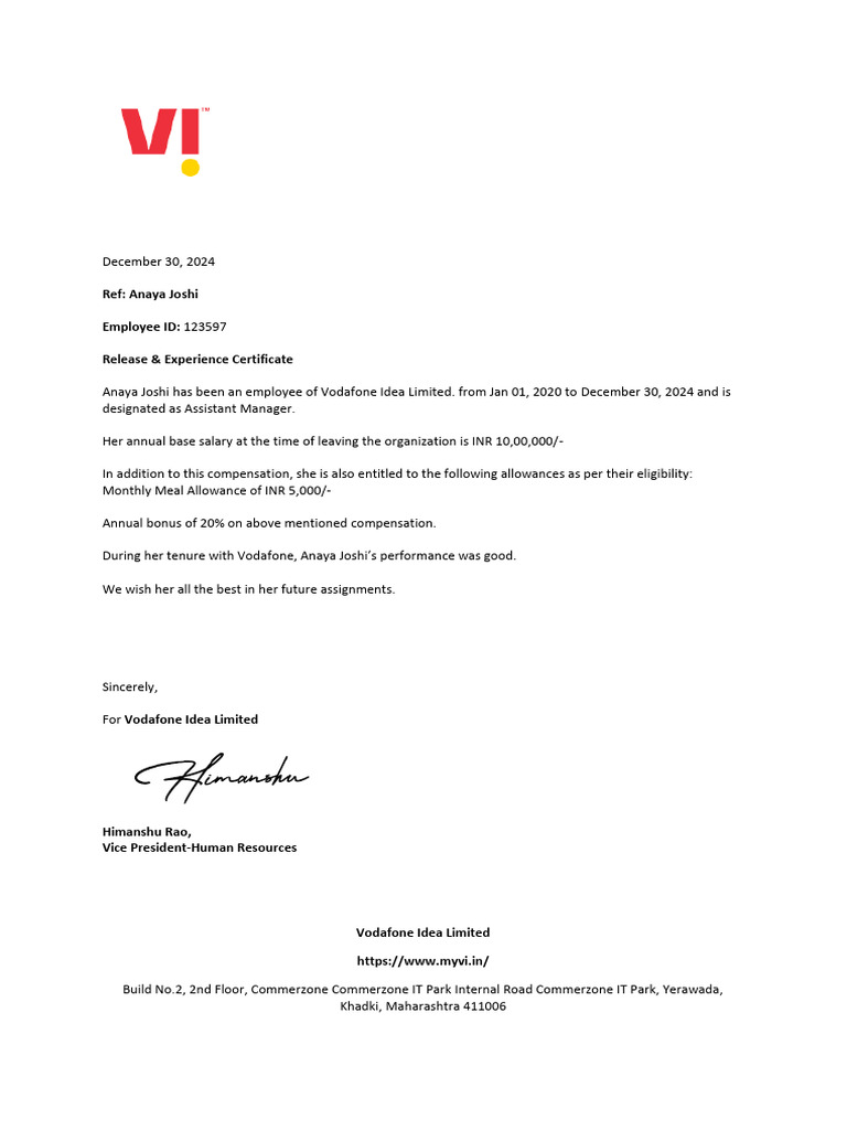 Vodafone Idea Limited Sample Experience Letter | PDF