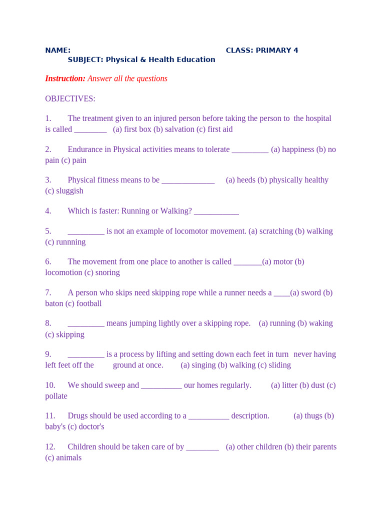 Basic 4 PHE First Term Exam Questions | PDF
