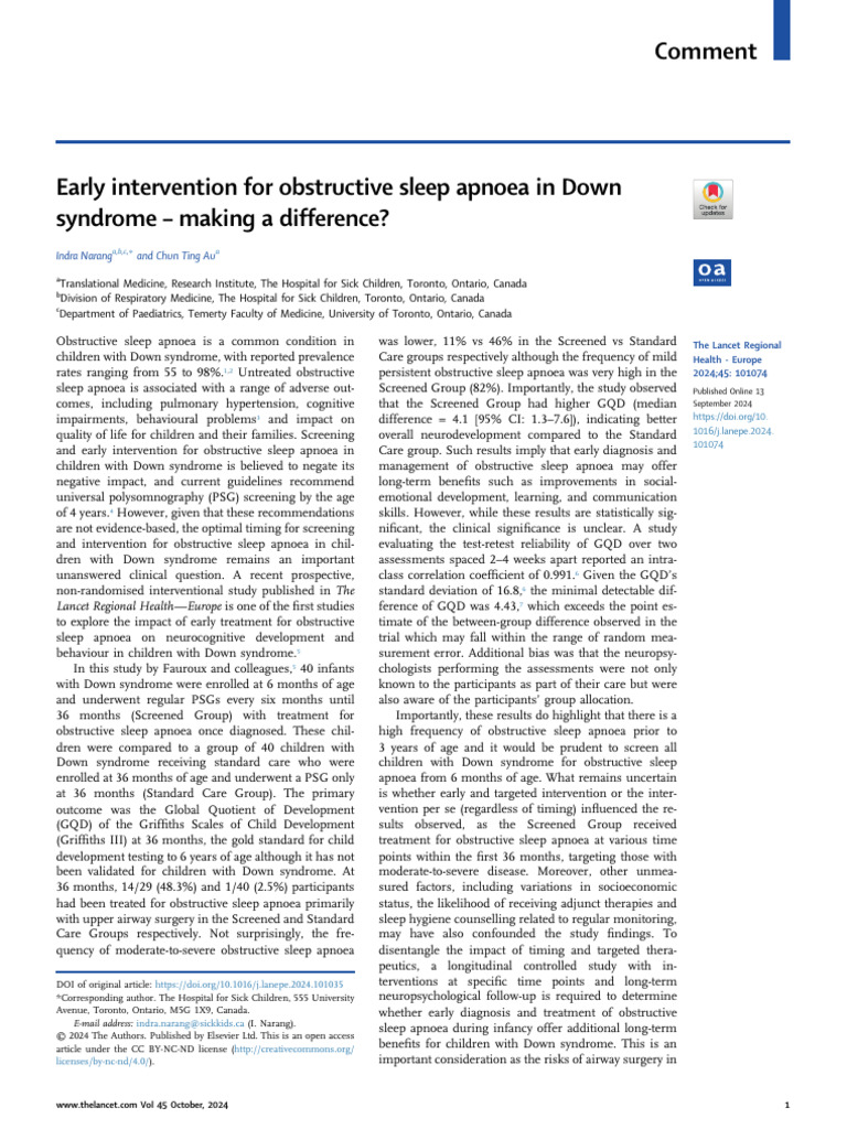Early Intervention for Sleep Apnoea in Down Syndrome | PDF | Sleep ...