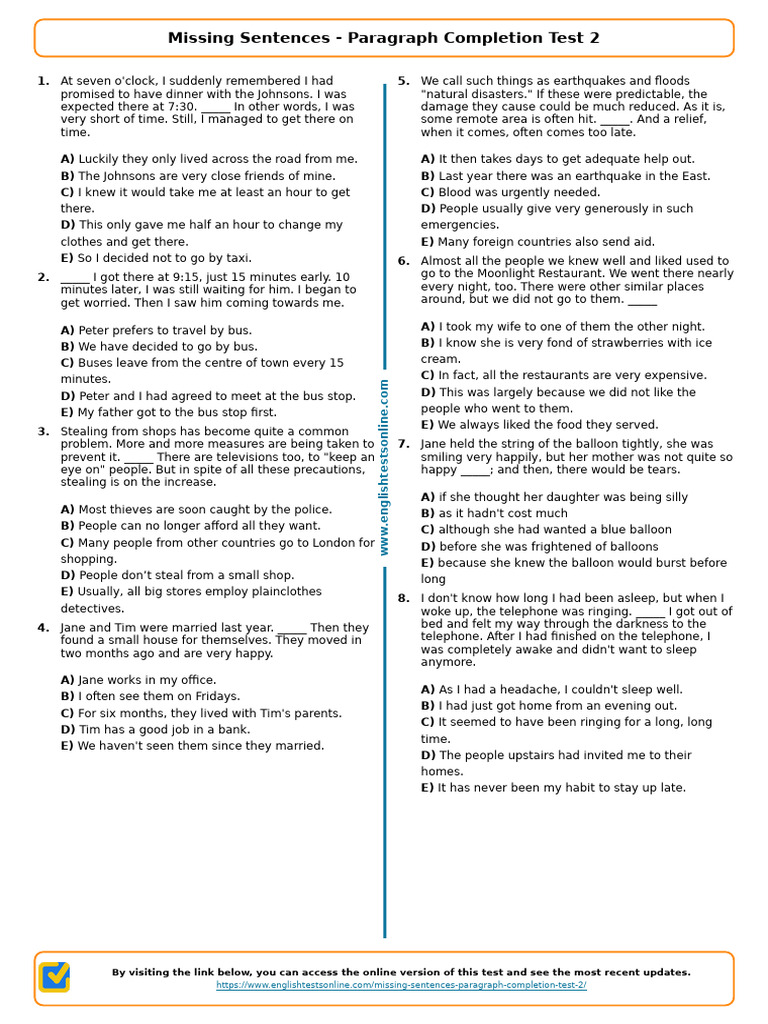 1888 Missing Sentences Paragraph Completion Test 2 Englishtestsonline ...