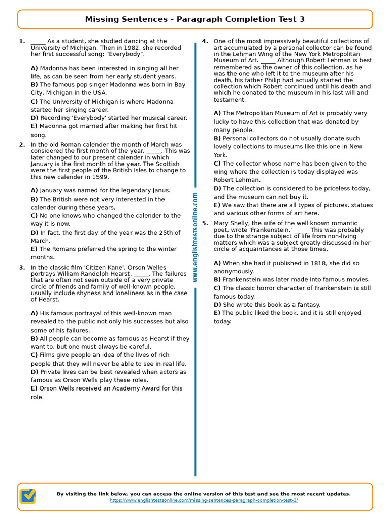 Missing Sentences Completion Test | PDF | Florence Nightingale