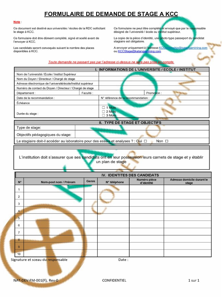 NAT-DEV-FM-001(F),_Rev-0_FORMULAIRE_DE_DEMANDE_DE_STAGE_A_KCC_(2) | PDF