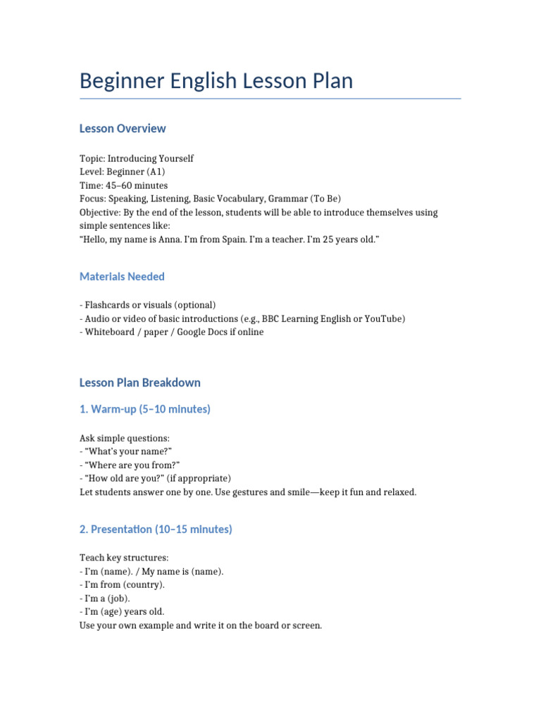 Beginner English Lesson Plan | PDF