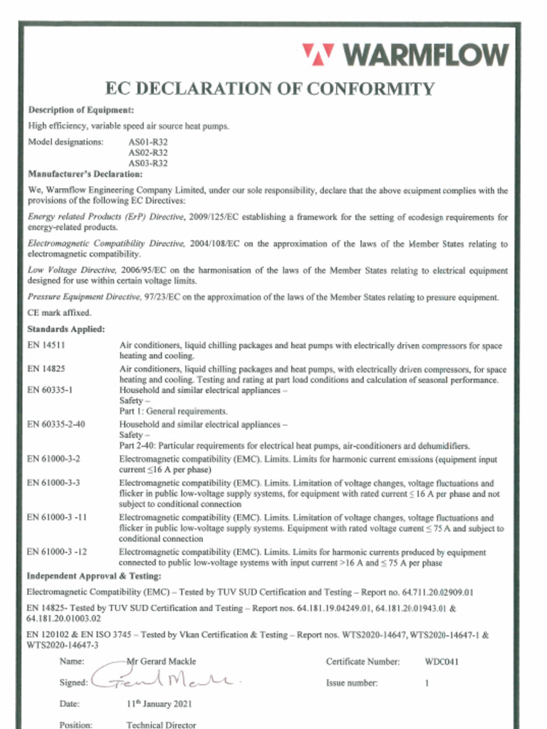 WDC041 R32 ASHPs EC Declaration of Conformity | PDF