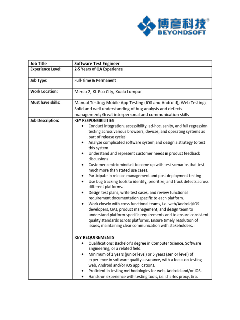JD Software Test Engineer Beyondsoft | PDF | Quality Assurance ...