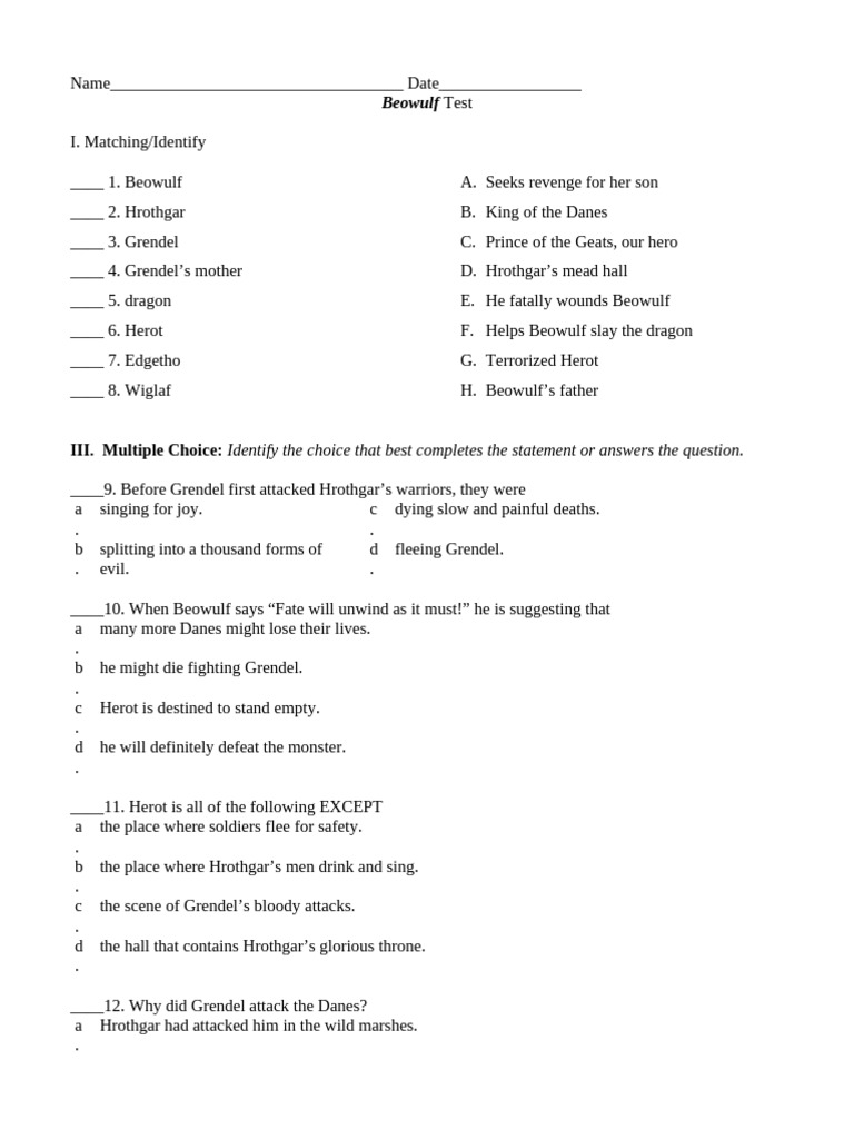 Beowulf Test Standard | PDF | Beowulf | English Heroic Legends
