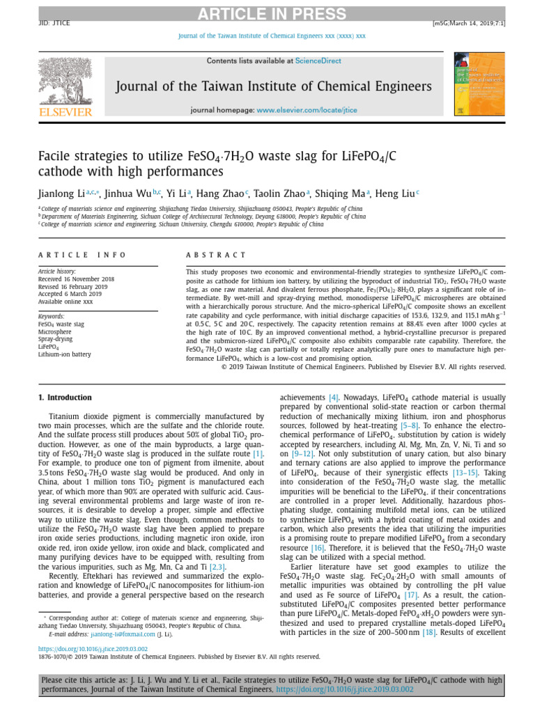 Facile Strategies To Utilize FeSO4 - 7H2O Waste Slag For LiFePO4 - C ...