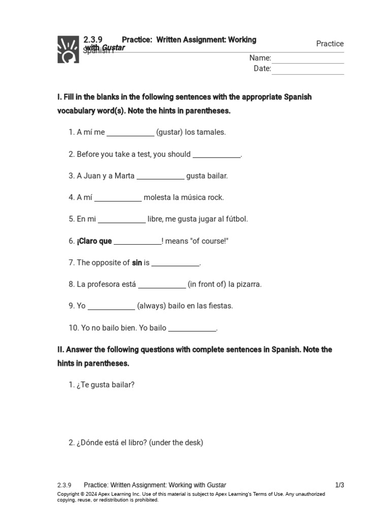 2.3.9 Practice - Written Assignment - Working With Gustar (Practice) | PDF