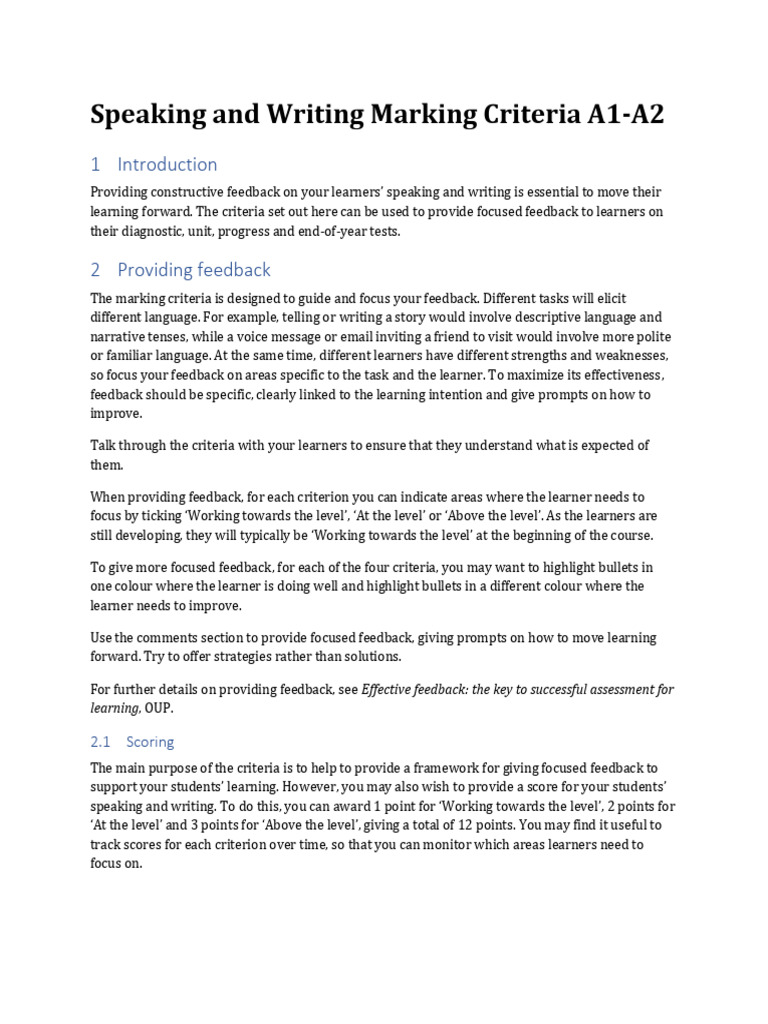A1-A2 Speaking and Writing Criteria | PDF | Fluency | Vocabulary