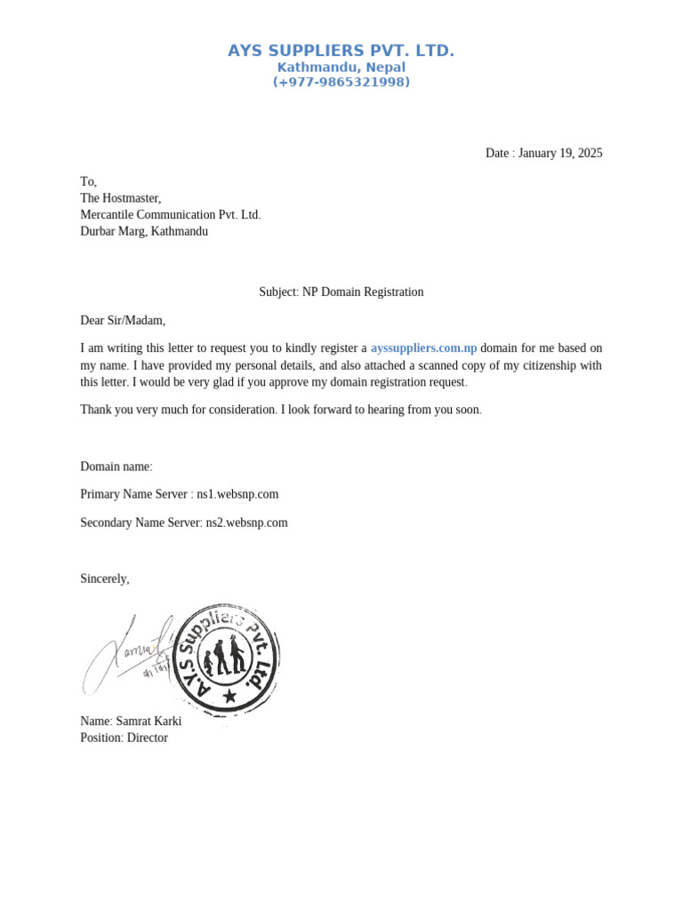 Domain Registration Letter Sample | PDF