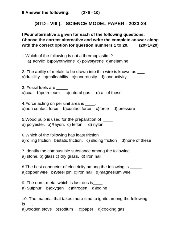 STD VIII Science Model Paper | PDF | Friction | Liquefied Petroleum Gas