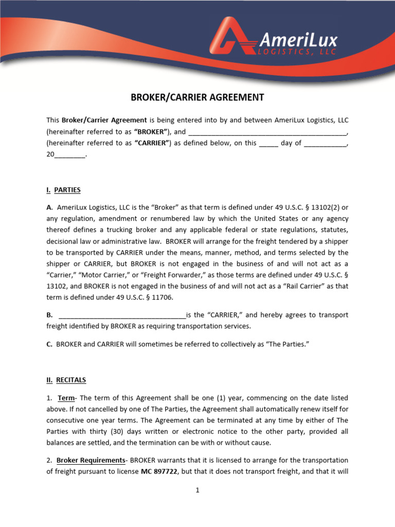 Broker/Carrier Agreement Overview | PDF | Cargo | Indemnity