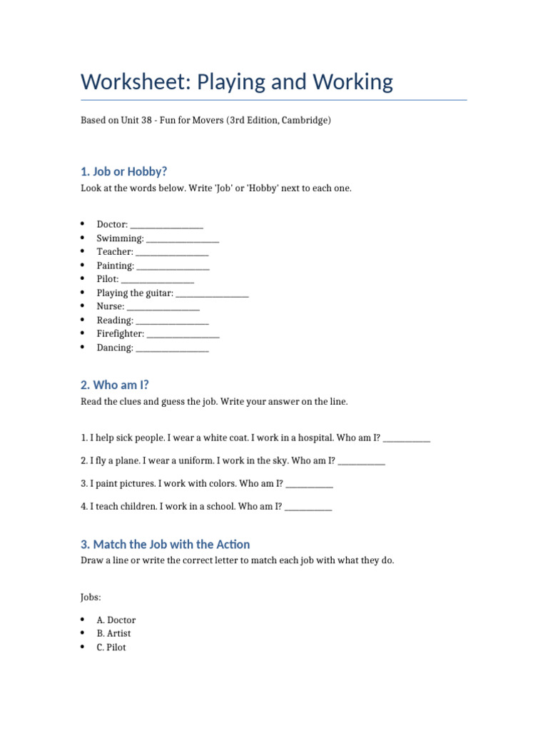 Playing and Working Worksheet | PDF