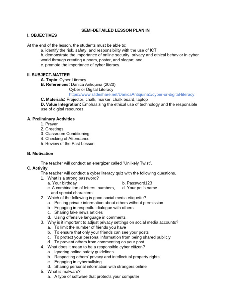 Cyber Literacy Lesson Plan Overview | PDF | Computer Security | Security