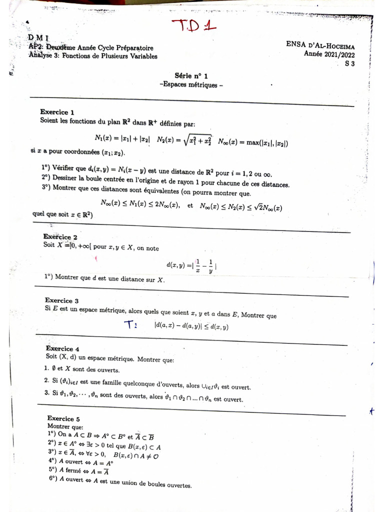 Corr TD1 _ Espaces métrique | PDF