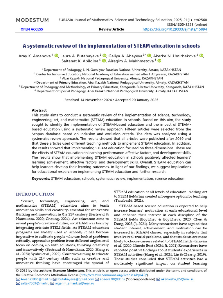 A Systematic Review of The Implementation of Steam Education in Schools 15894 | PDF | Learning ...