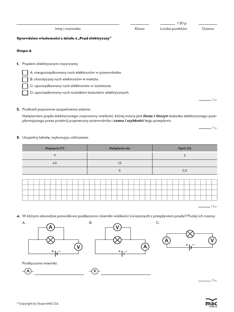 Sprawdzian 014 Prad Elektryczny Grupa A | PDF