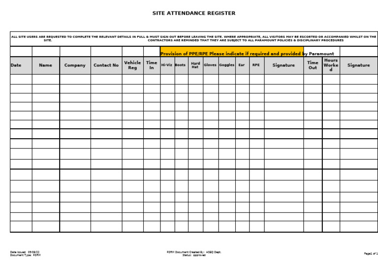 Site Attendance Register Form | PDF