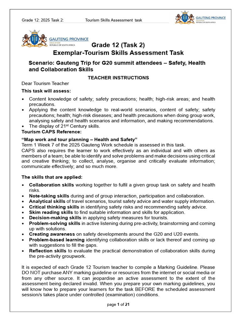 GP 2025 Gr12 Tourism Skills Assessment Task | PDF | Educational Assessment | Risk