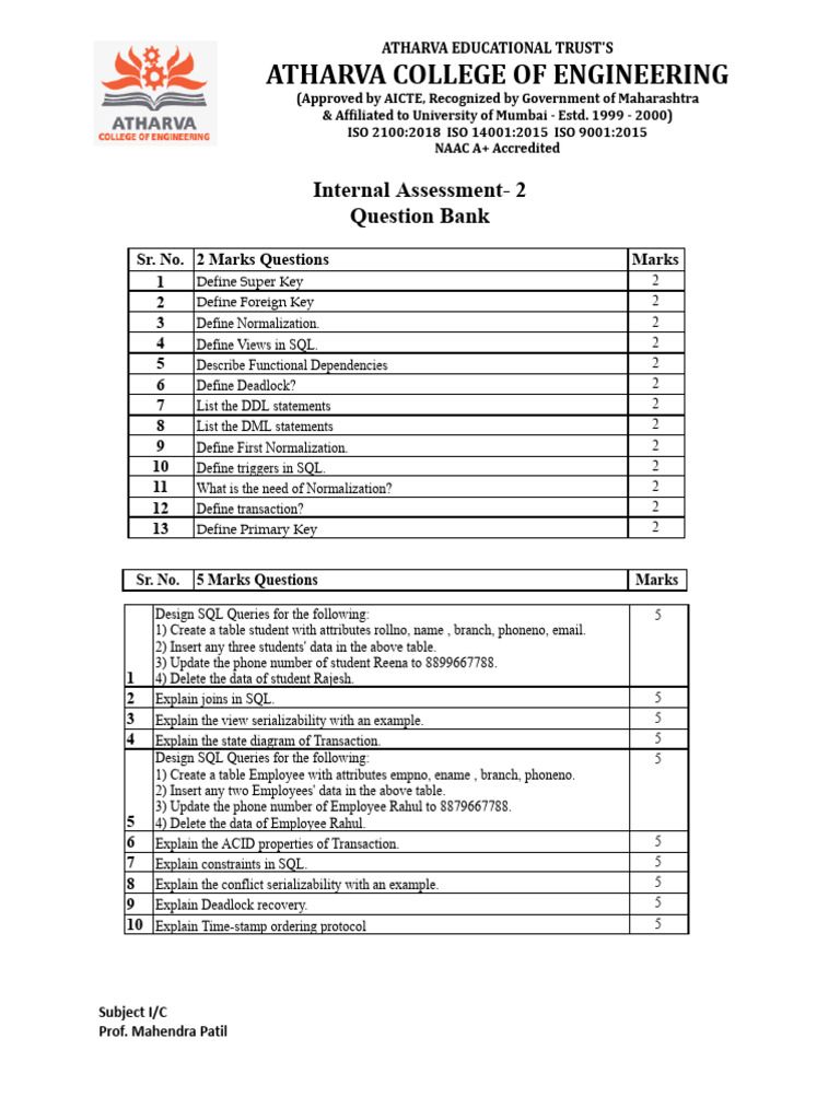 DBMS IA2 Question Bank | PDF | Sql | Data Model