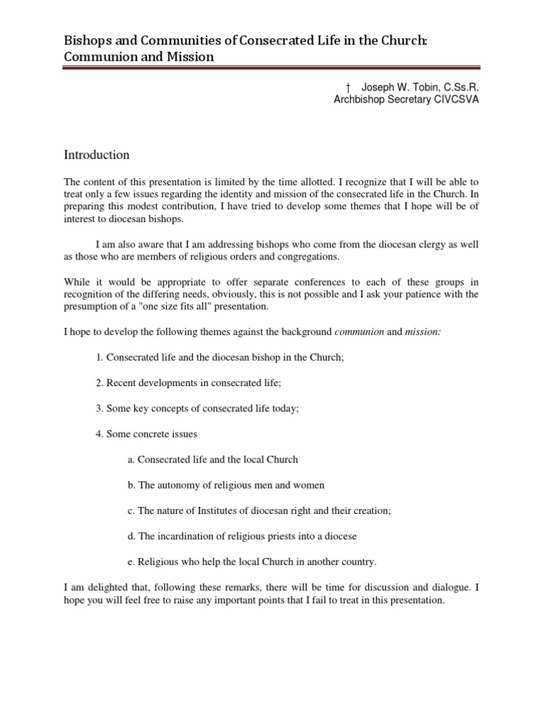 Bishops and Communities of Consecrated Life in The Church: Communion ...