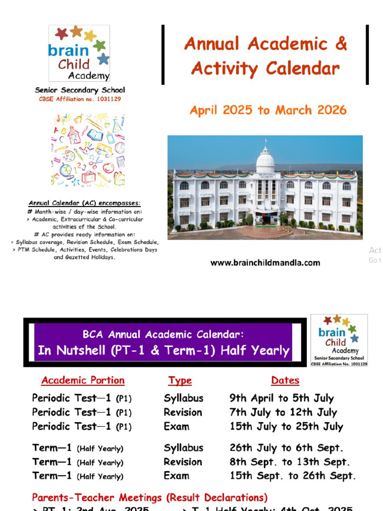 BCA Annual Calendar Session 2025-26 - PT1 | PDF