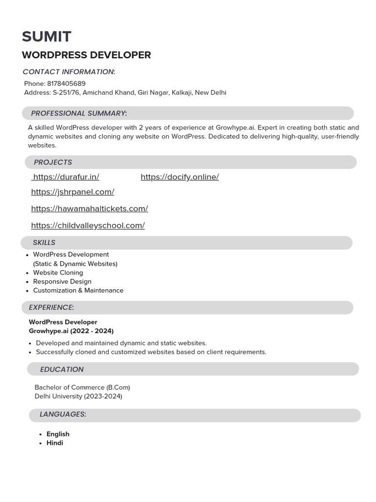 Sumit: Wordpress Developer | PDF