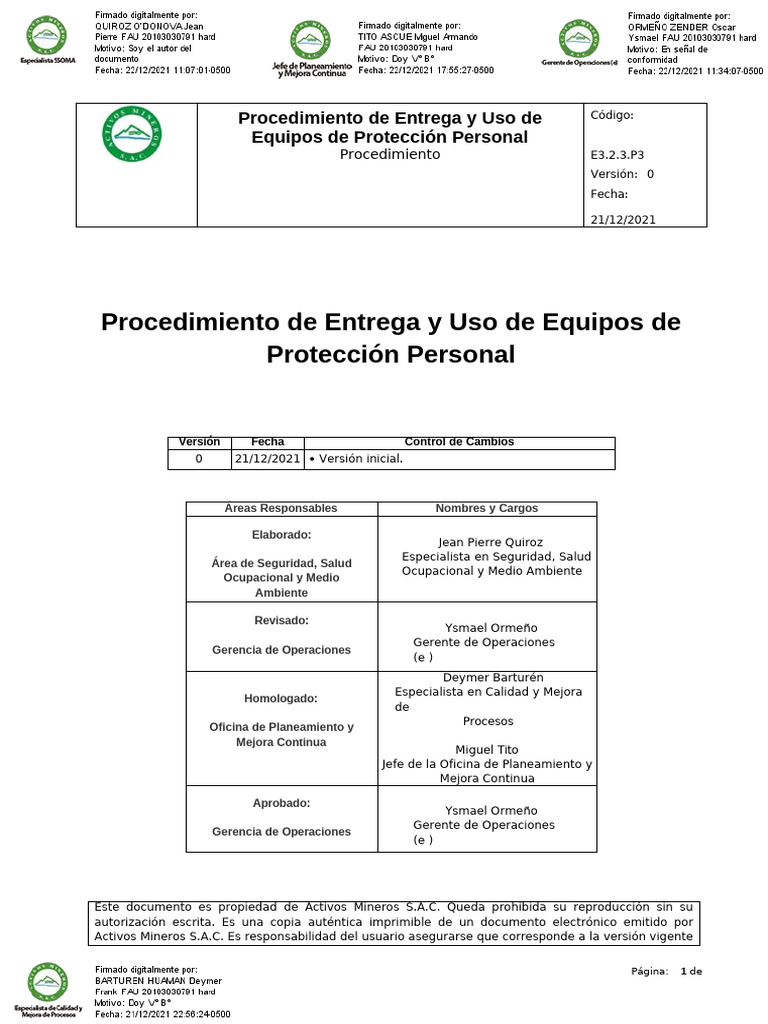 Procedimientos de Entrega y Uso de Equipo de Proteccion | PDF | Seguridad y salud ocupacional ...