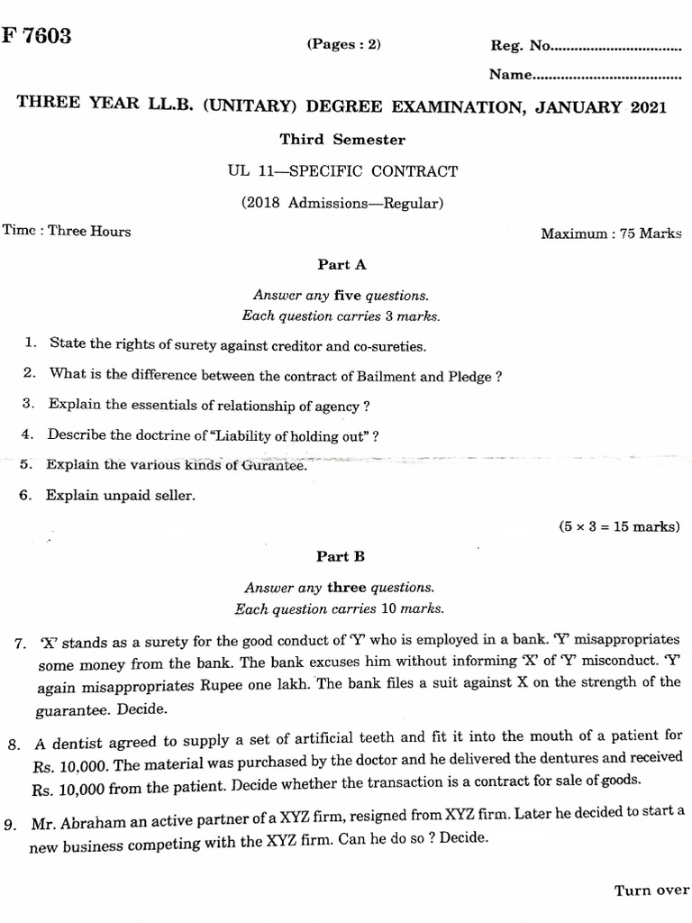 Specific Contract Previous Question Papers | PDF