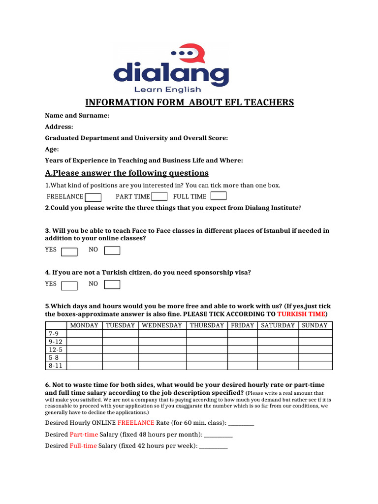 Step EFL TEACHER-INFORMATION FORM | PDF