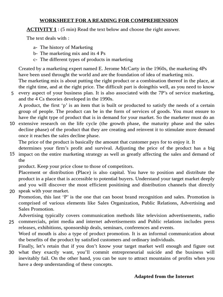 Worksheet For A Reading For Comprehension ... | PDF | Marketing ...