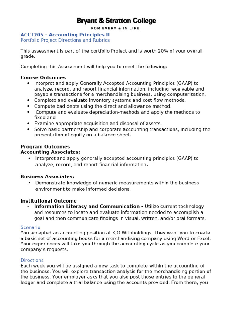 ACCT205 - Portfolio Project Directions and Rubrics | PDF | Depreciation ...