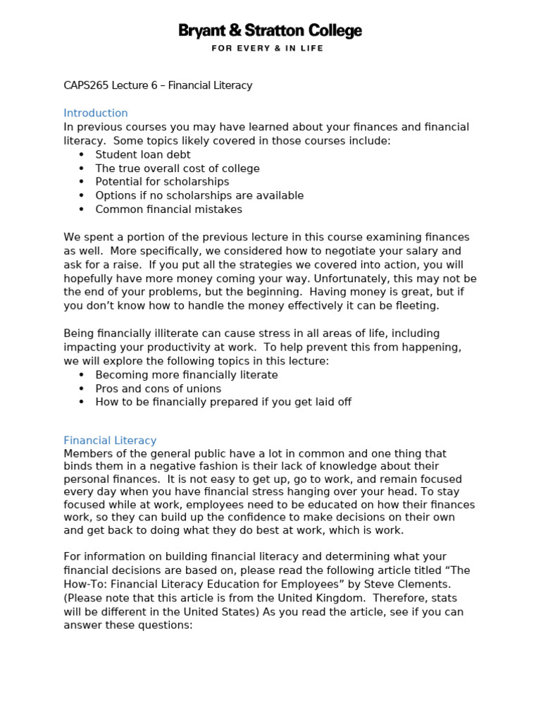 CAPS265 Lecture 6 - Financial Literacy | PDF | Trade Union | Credit Card