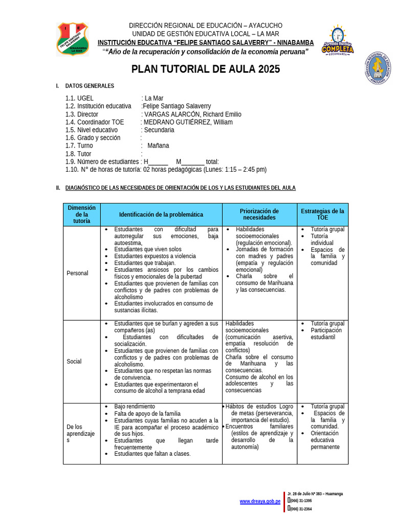 Estructura Del Plan Tutorial de Aula 2025 | PDF | Salón de clases ...