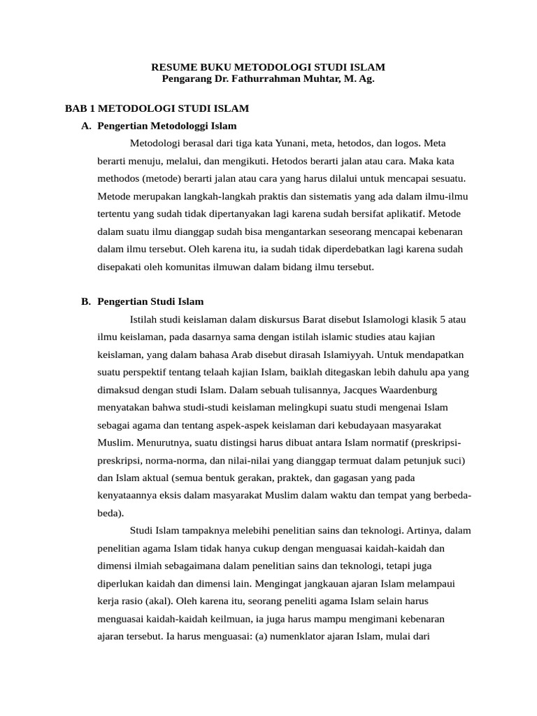 Resume Buku Metodologi Studi Islam | PDF