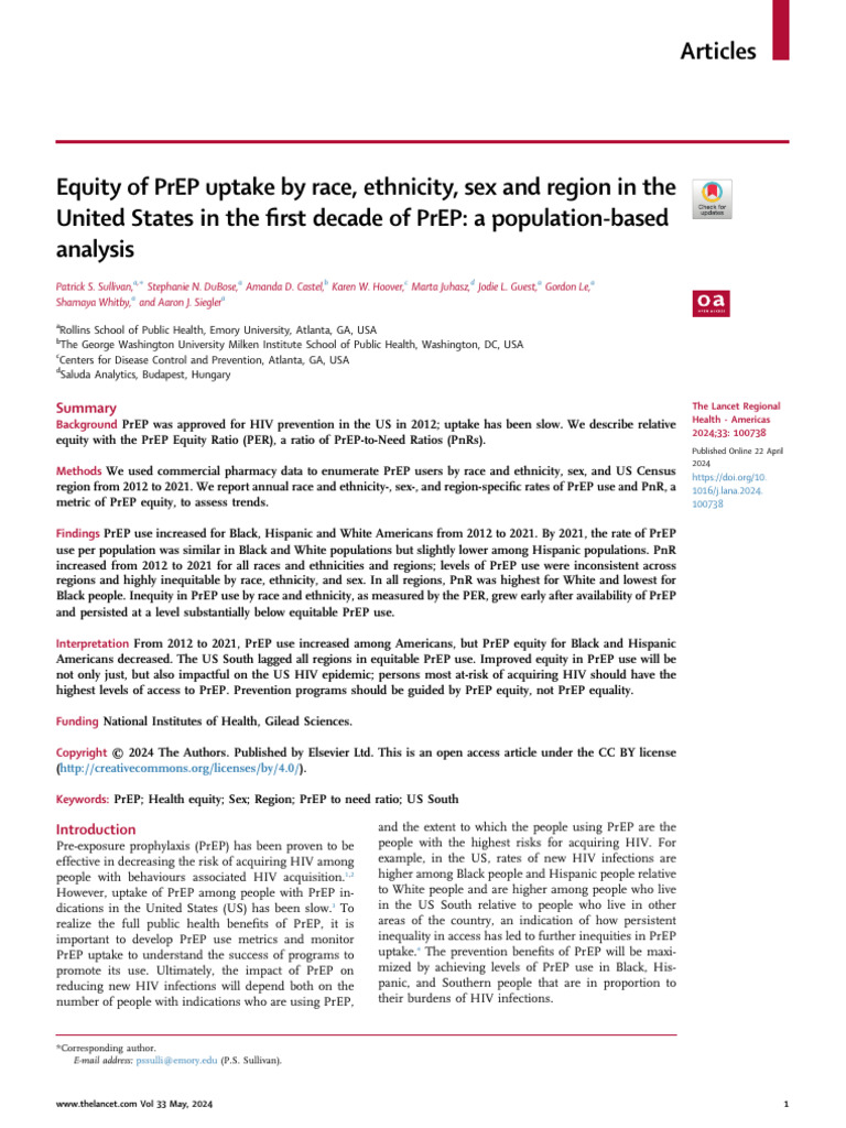 Equity of PrEP Uptake by Race Ethnicity Sex and Regio - 2024 - The Lancet Regi | PDF | Men Who ...