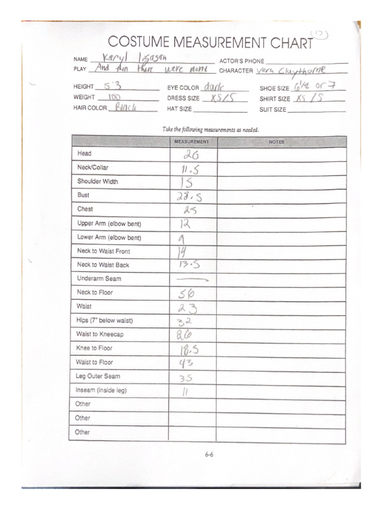 Costume Measurement Chart | PDF